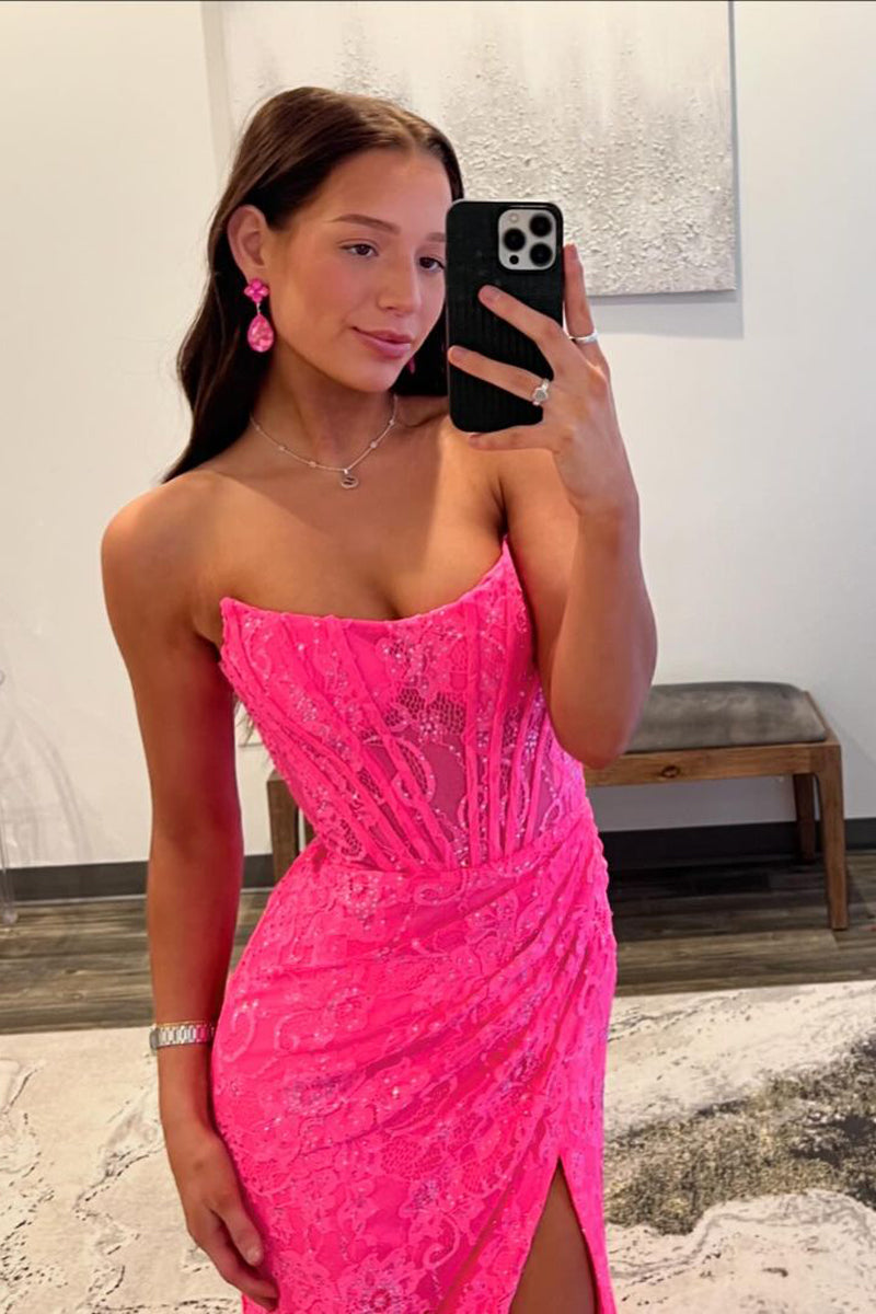 Cute Mermaid Scoop Neck Hot Pink Lace Long Prom Dress with Slit ...