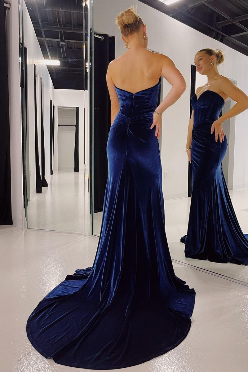 Charming Mermaid Sweetheart Navy Velvet Long Prom Dresses with Slit ...