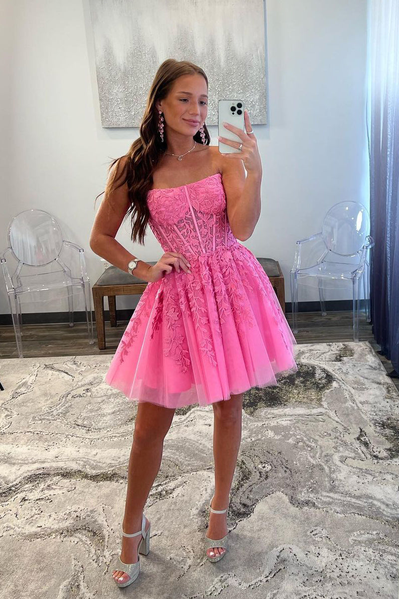 Cute A Line Strapless Hot Pint Tulle Short Homecoming Dresses with ...