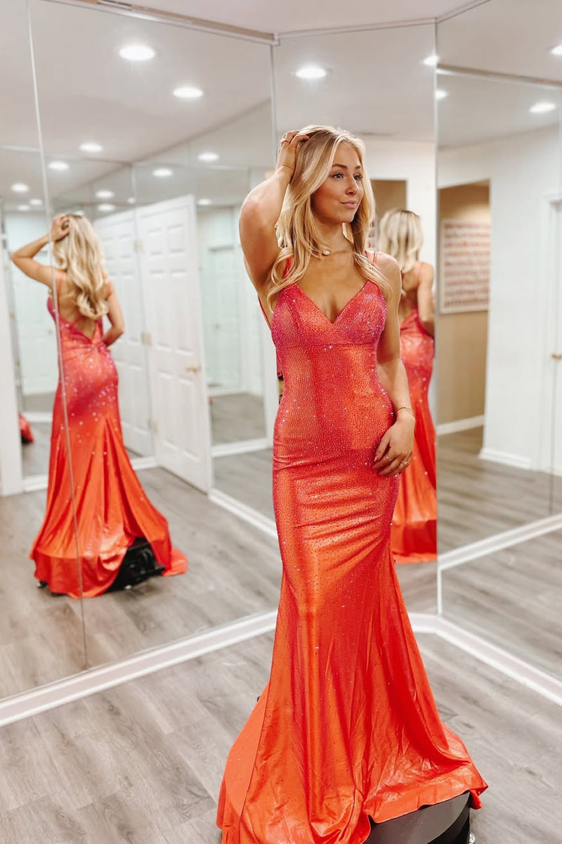 Sparkly Mermaid V Neck Rust Red Long Prom Dress with Hot Stone Beading ...