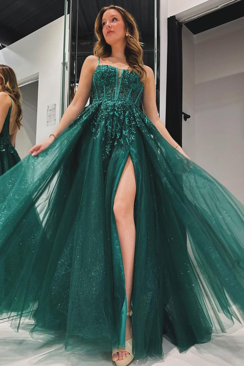 Elegant A Line Spaghetti Straps Green Tulle Prom Dress with Appliques ...