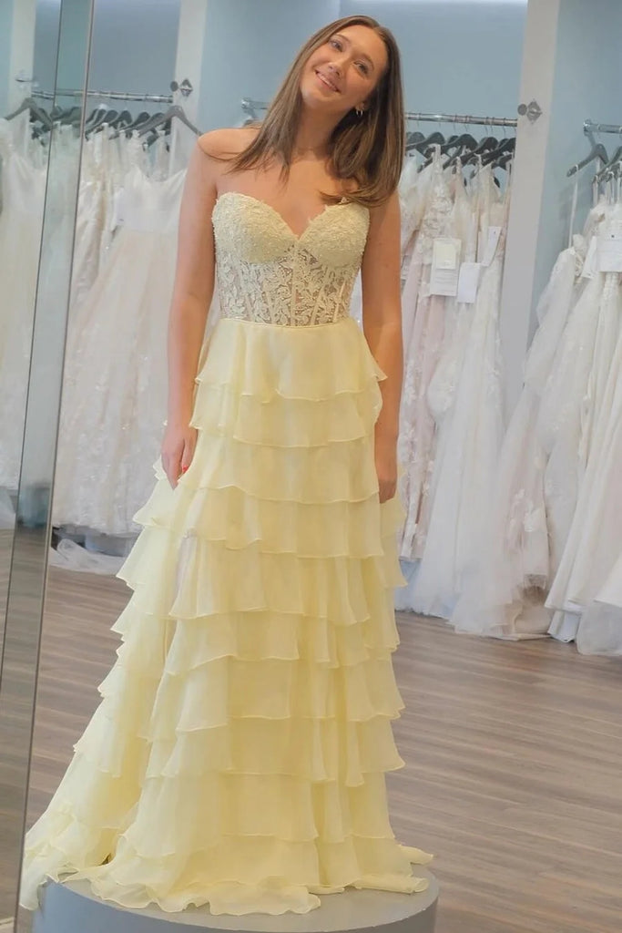 Cute A-Line Strapless Pink Ruffle Tiered Chiffon Long Prom Dress ...
