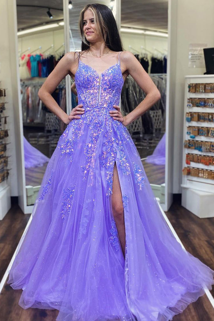 Cute A Line V Neck Light Purple Tulle Sequins Prom Dresses with Slit ...