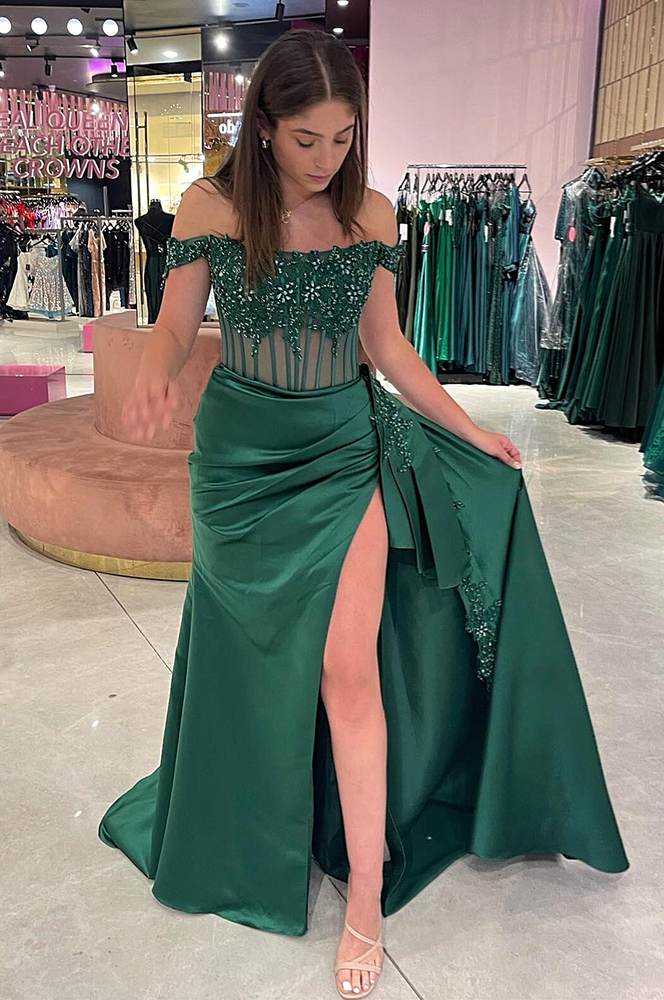 Charming Mermaid Off the-Shoulder Green Satin Prom Dresses with Beadin ...