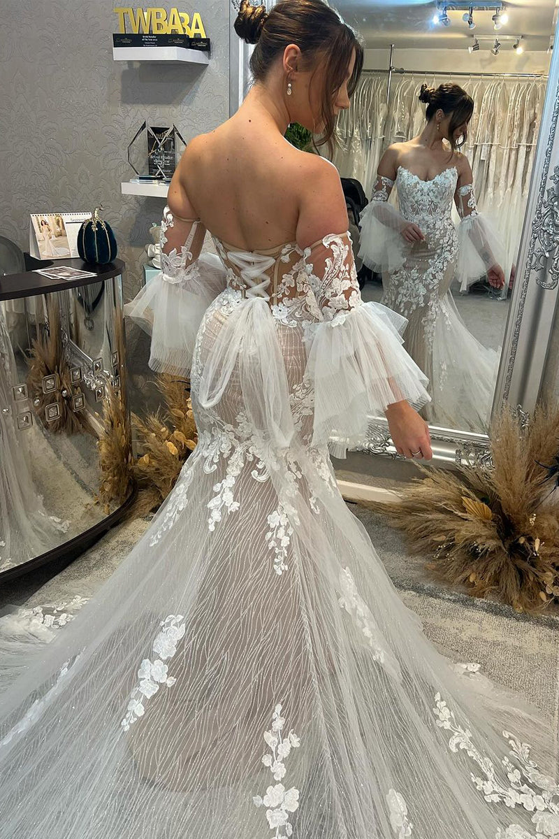 Elegant Mermaid V Neck Champagne Sparkly Lace Wedding Dress wirh Appli ...