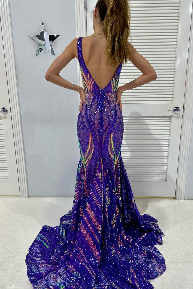 Charming Mermaid V Nek Purple Sequins Long Prom Dresses AB112402 ...