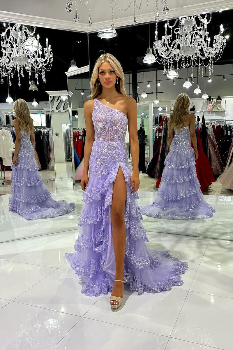 Cute A Line One Shoulder Lilac Ruffle Long Prom Dress with Appliques ...