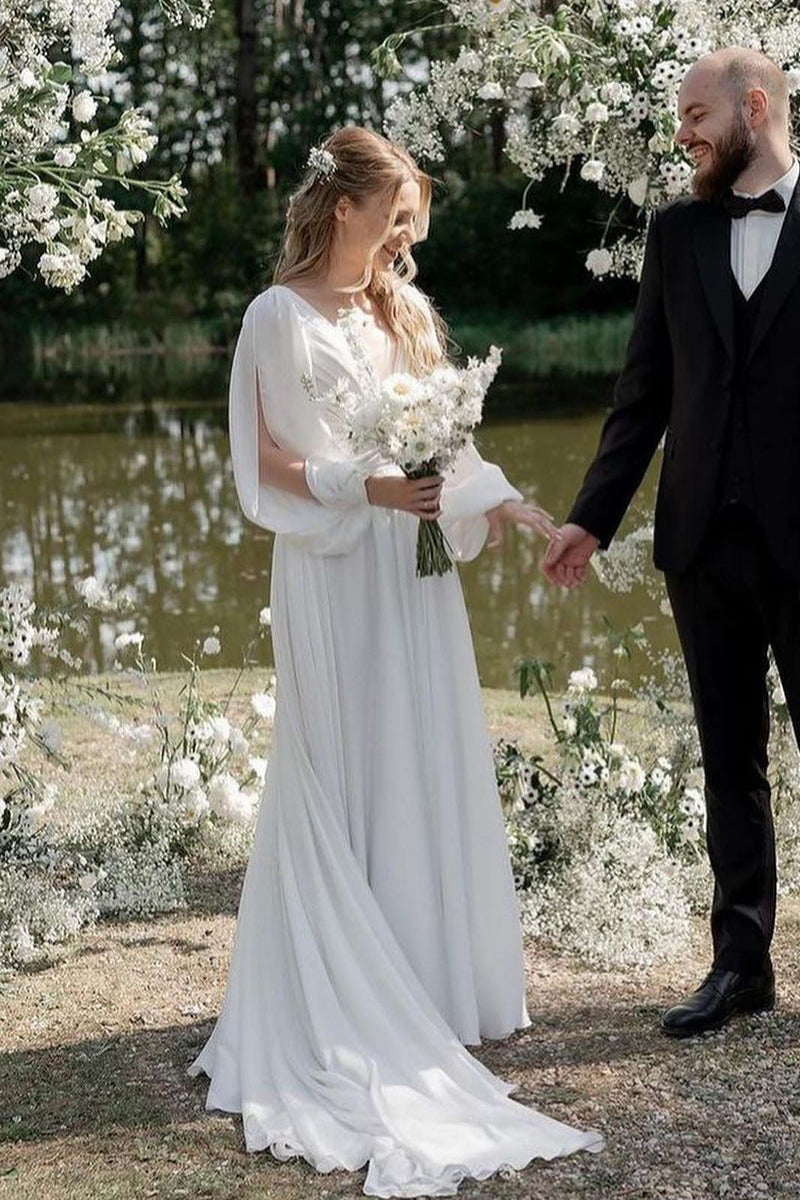 Bohemain A Line V Neck Chiffon Wedding Dresses with Long Sleeves ...