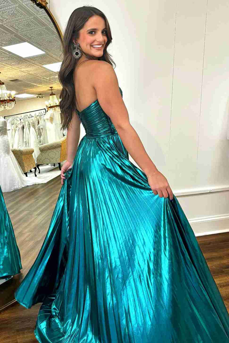 Cute A Line Jade Strapless Pleated Metallic Satin Prom Dresses – Anniebride