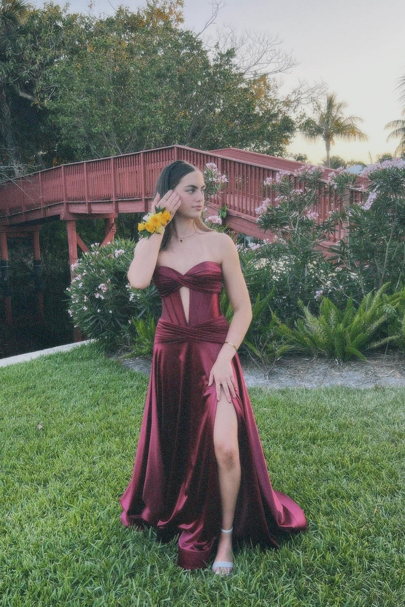Cute A Line Sweetheart Burgundy Keyhole Satin Slit Prom Dress – Anniebride