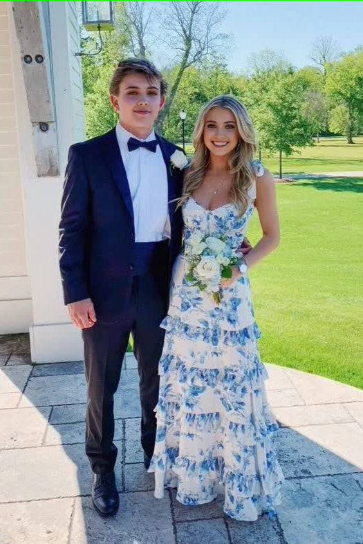 Cute Blue Sweetheart A Line Long Floral Prom Dresses Formal Dresses ...